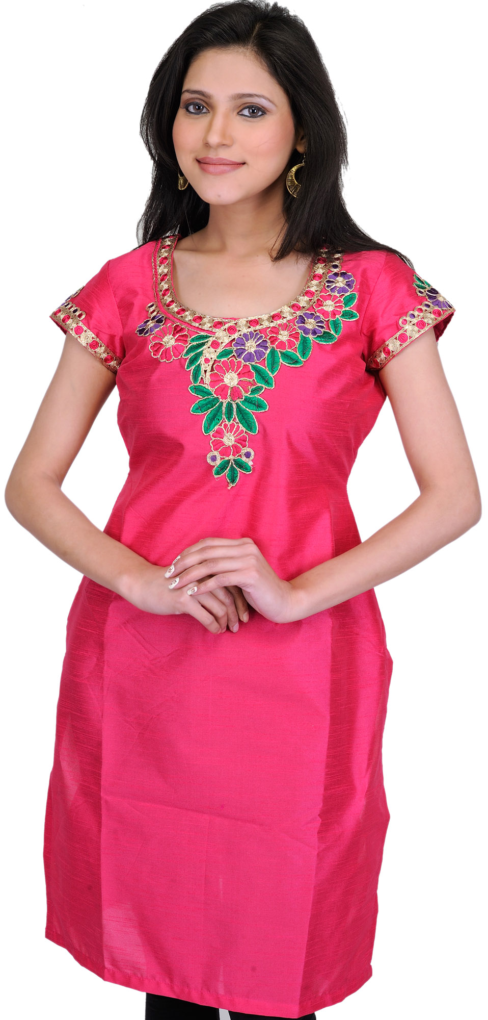 Raspberry-Sorbet Kurti with Patch Work on Neck | Exotic India Art