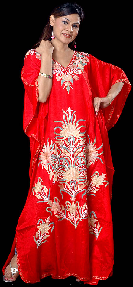 Red Kaftan from Kashmir with Crewel-Embroidered Flowers | Exotic India Art