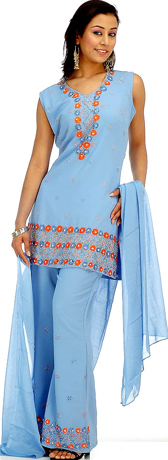 Sky-Blue Parallel Suit with Sequins and Threadwork | Exotic India Art