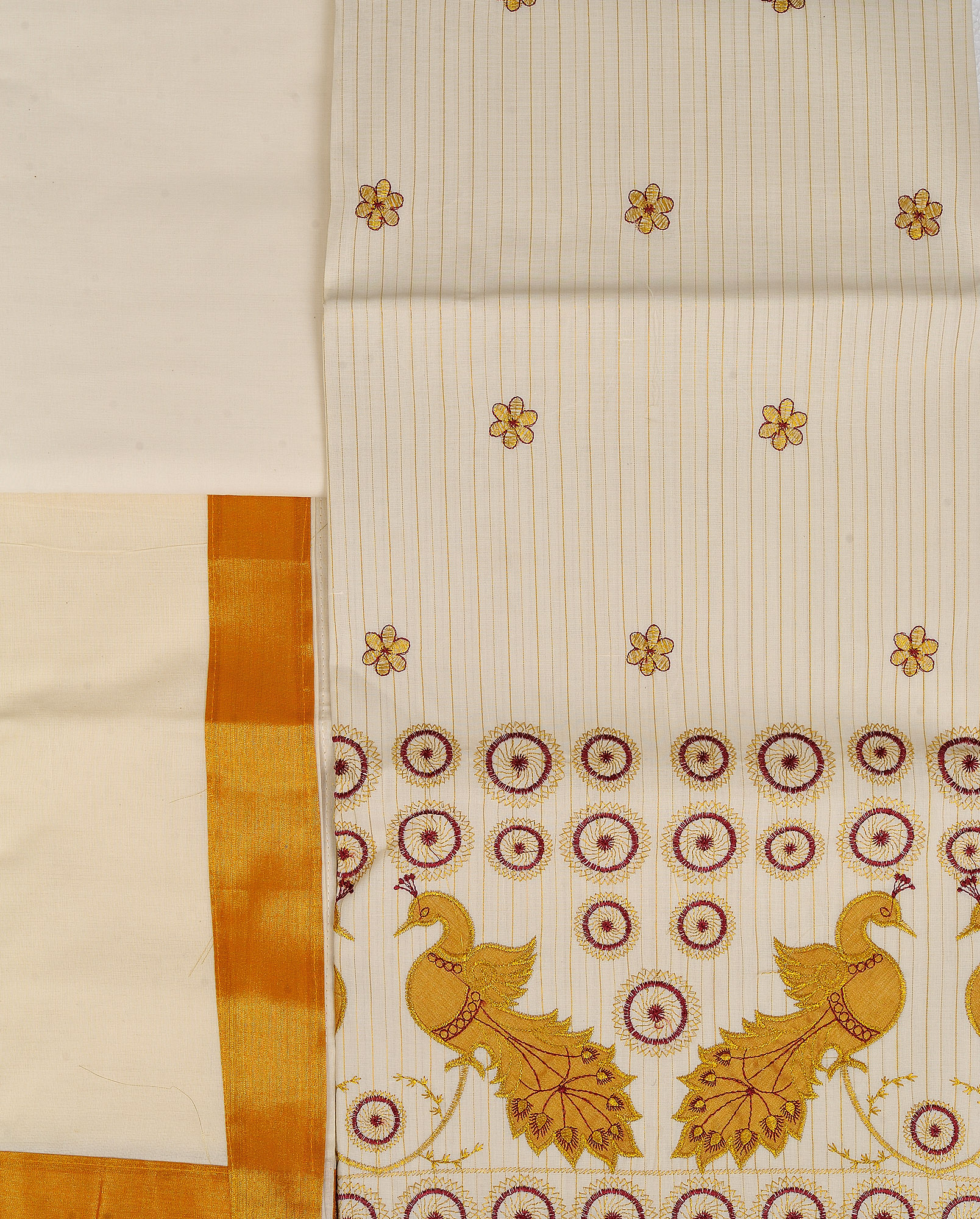 Ivory Kasavu Salwar Kameez Fabric from Kerala with Embroidered Pair of ...