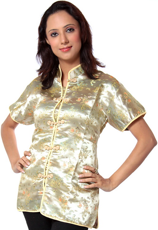 Tea-Green Brocaded Jacket from Sikkim with Woven Dragons | Exotic India Art