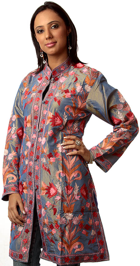 Blue-Shadow Long Silk Jacket with Embroidered Flowers All-Over | Exotic ...