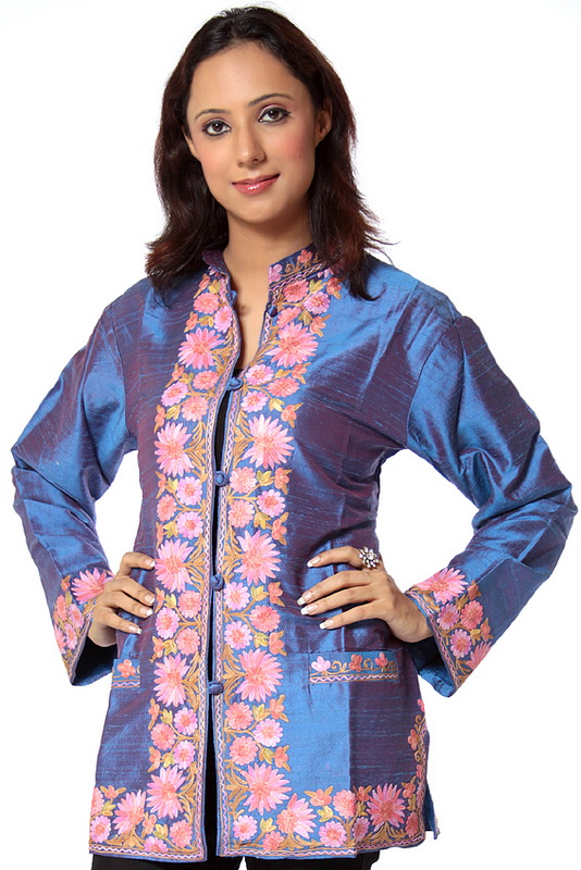 Royal-Blue Jacket with Floral Embroidery on Borders | Exotic India Art