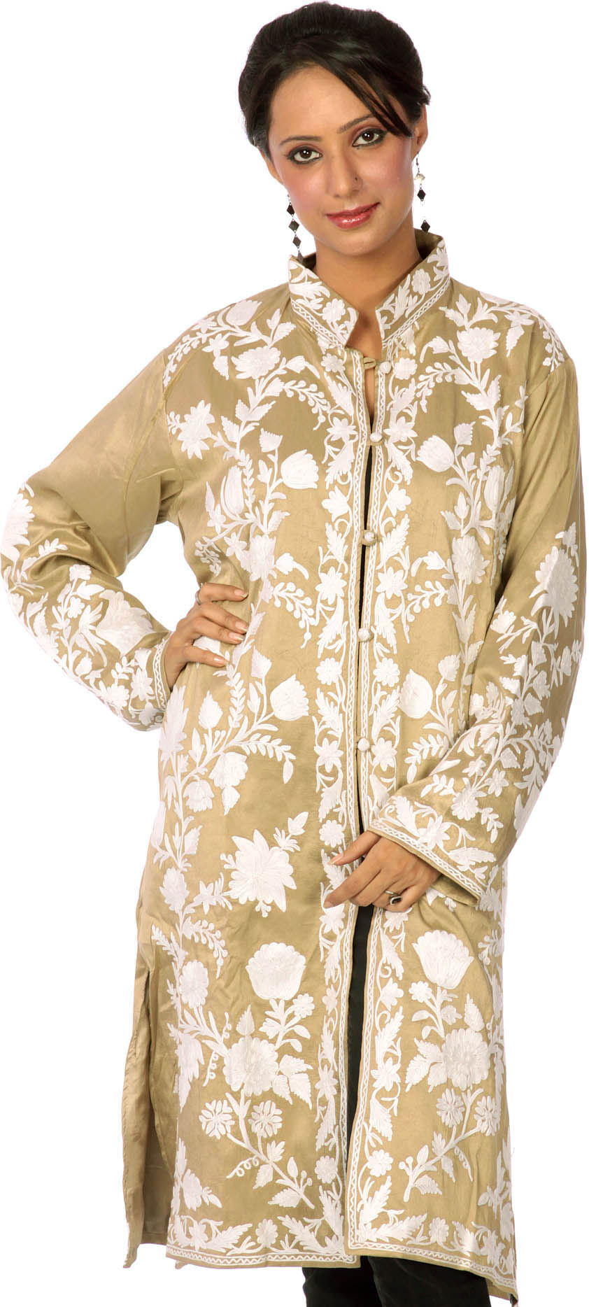 Beige Long Silk Jacket with Embroidered Flowers in White Thread ...