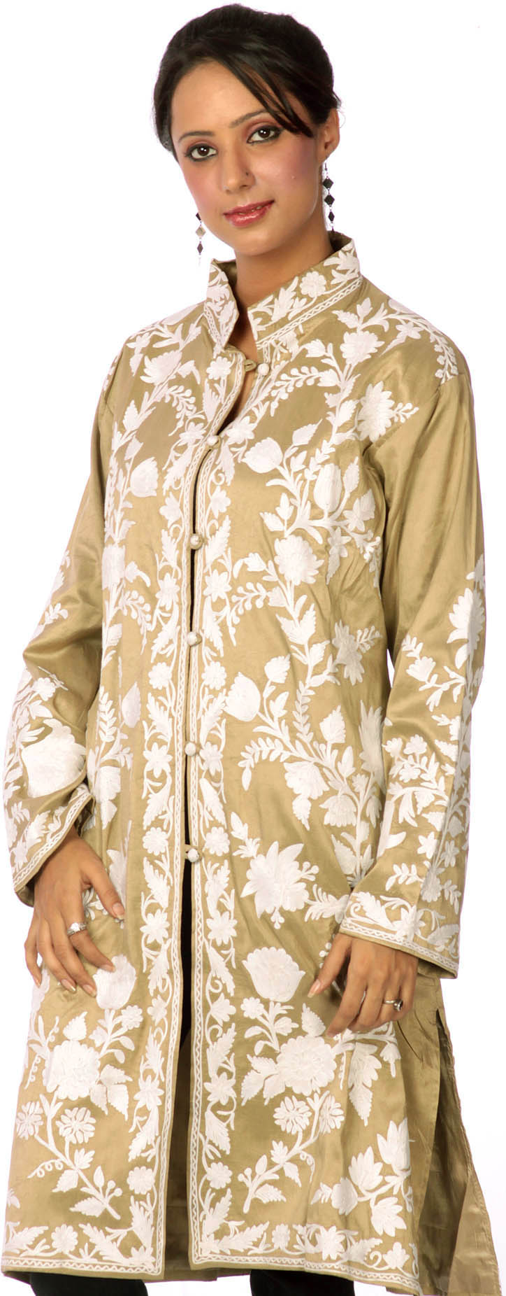Beige Long Silk Jacket with Embroidered Flowers in White Thread ...
