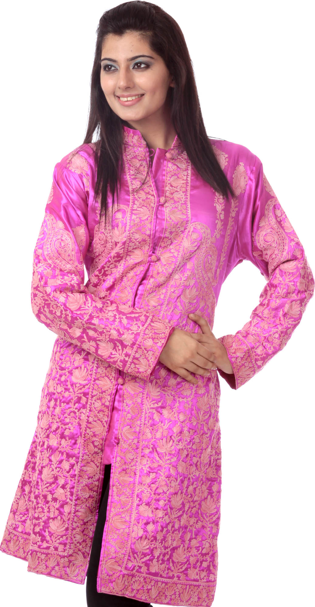 Hot-Pink Long Jacket with Embroidered Paisleys | Exotic India Art