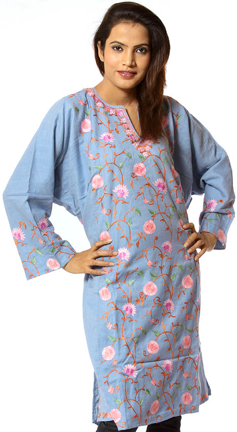 Steel-Blue Kashmiri Phiran with Embroidered Flowers All-Over | Exotic ...