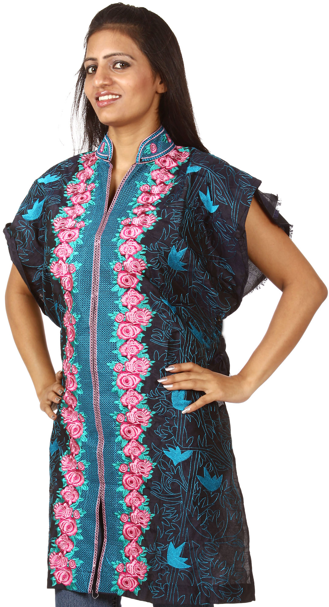 Midnight-Blue Phulkari Kurti from Punjab with Crewel Embroidery ...