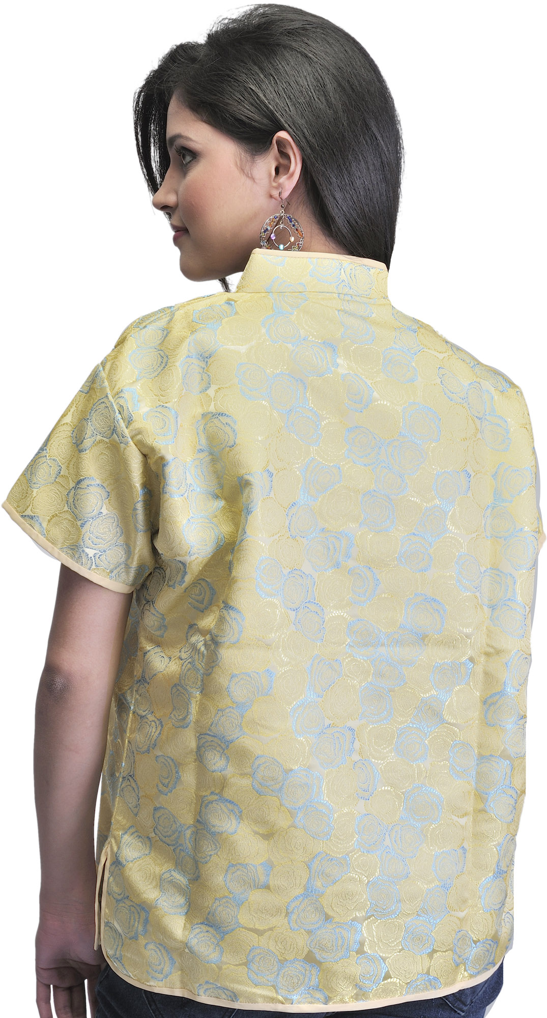 Beige Brocaded Jacket from Sikkim with Woven Flowers | Exotic India Art