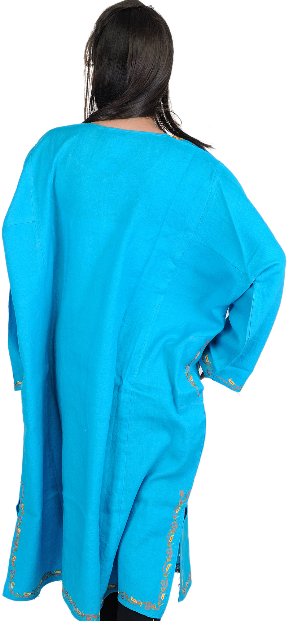 Cyan Blue Phiran from Kashmir with Hand Embroidered Paisleys and ...