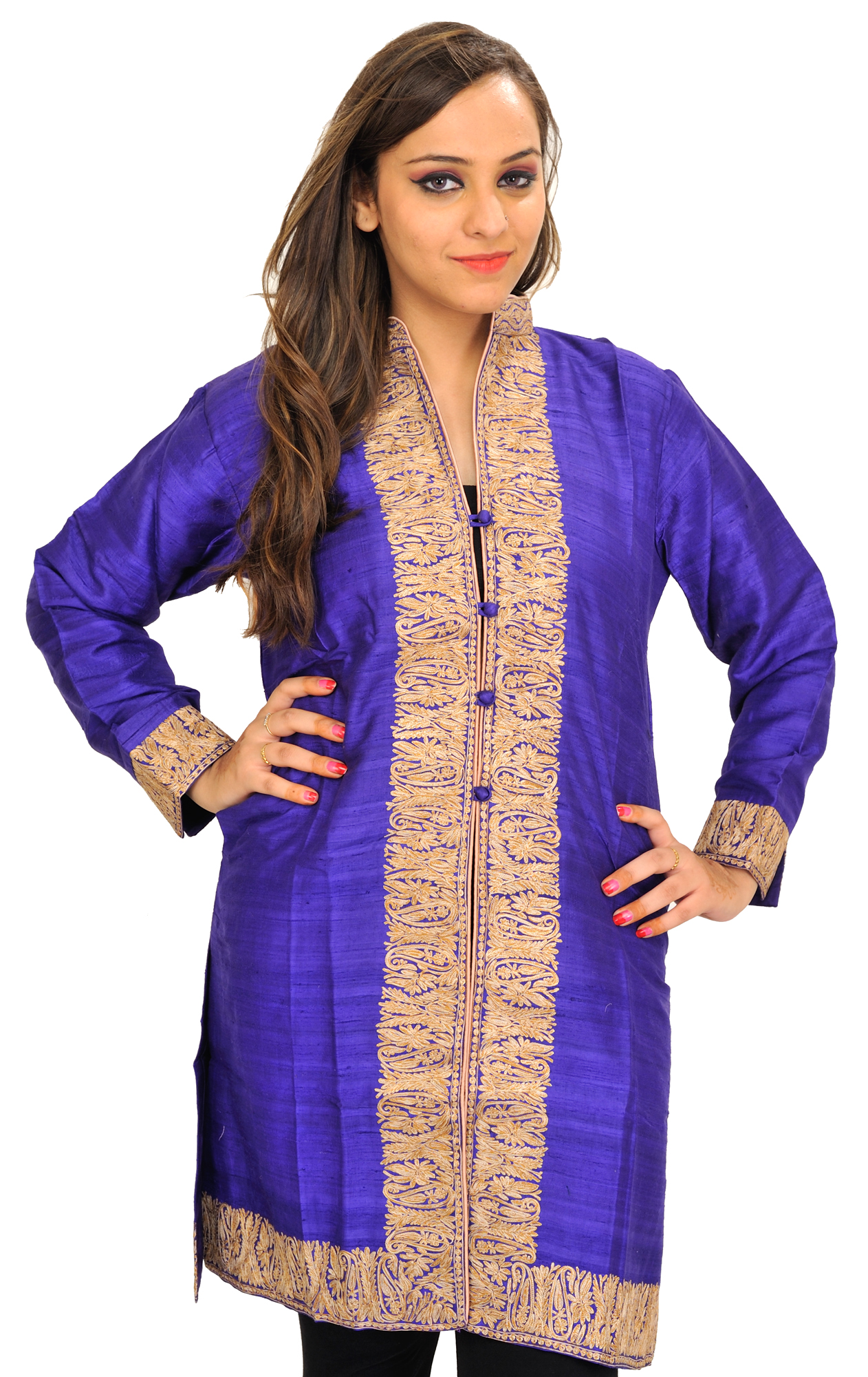 Spectrum-Blue Long Jacket from Kashmir with Aari-Embroidered Paisleys ...