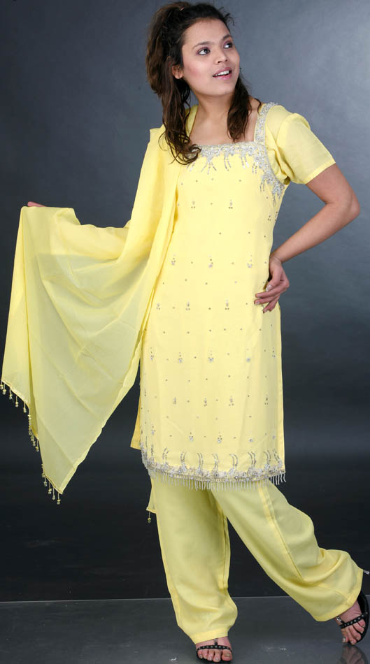 Yellow Salwar Suit with Beadwork and Sequins | Exotic India Art