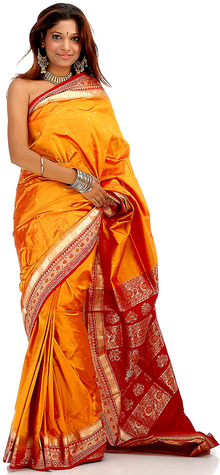 Amber and Golden Kanjivarm Hand-Woven Sari | Exotic India Art