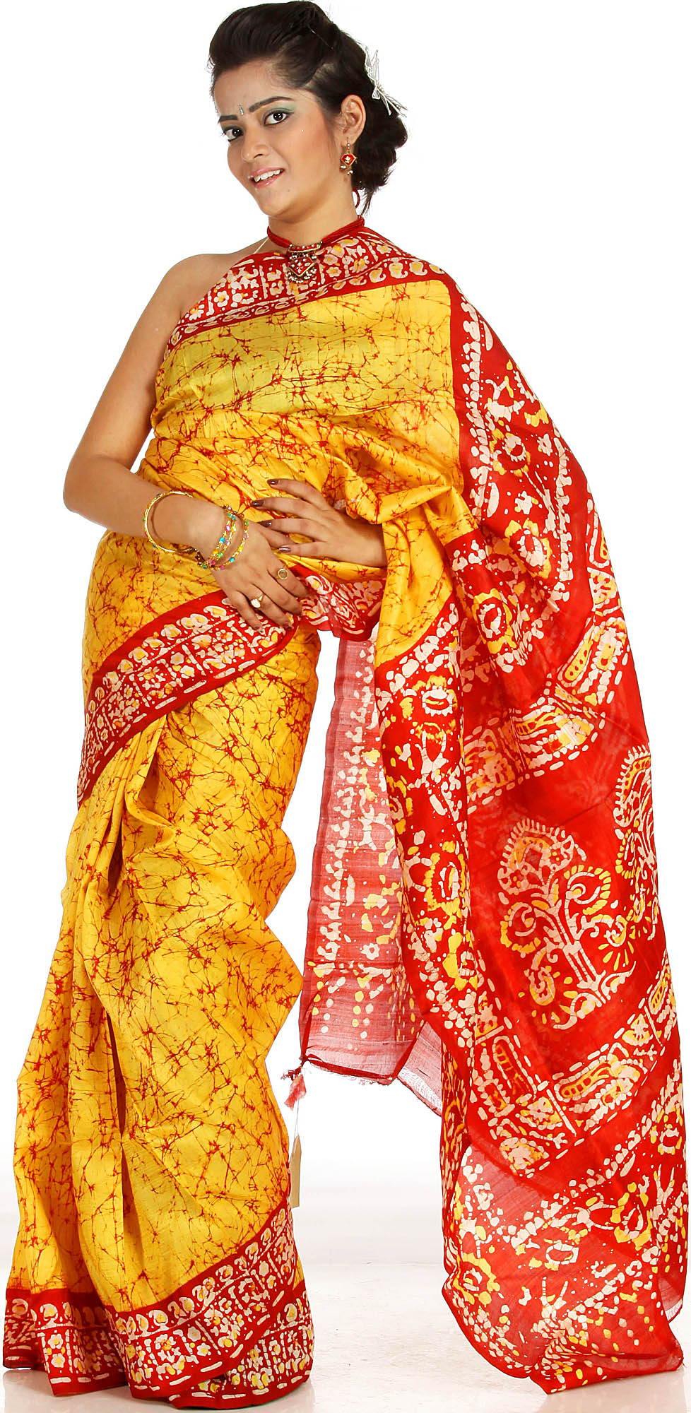Banana-Yellow and Red Batik Sari from Kolkata | Exotic India Art