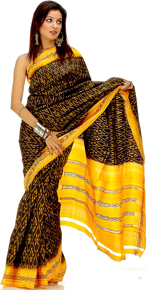 Black and Amber Ikat Sari Hand-Woven in Pochampally | Exotic India Art