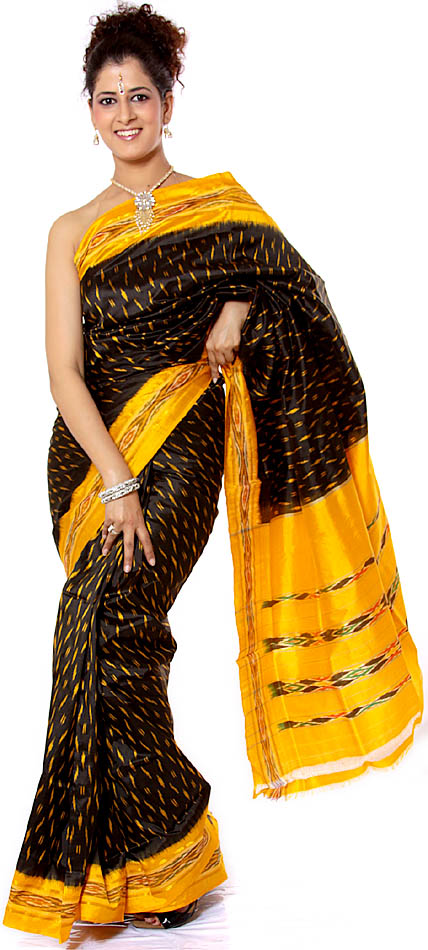 Black Ikat Sari Hand-Woven in Pochampally | Exotic India Art