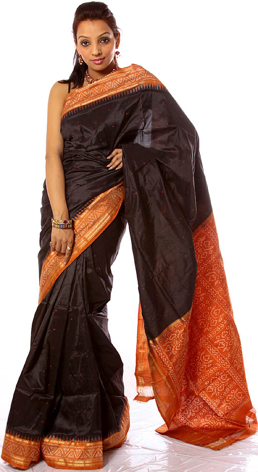 Black Sambhalpuri Sari with Ikat and Tissue Weave on Border and Anchal ...