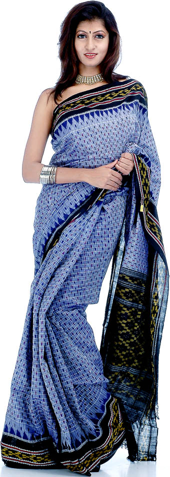 Blue Ikat Sari Handwoven in Sambalpuri | Exotic India Art