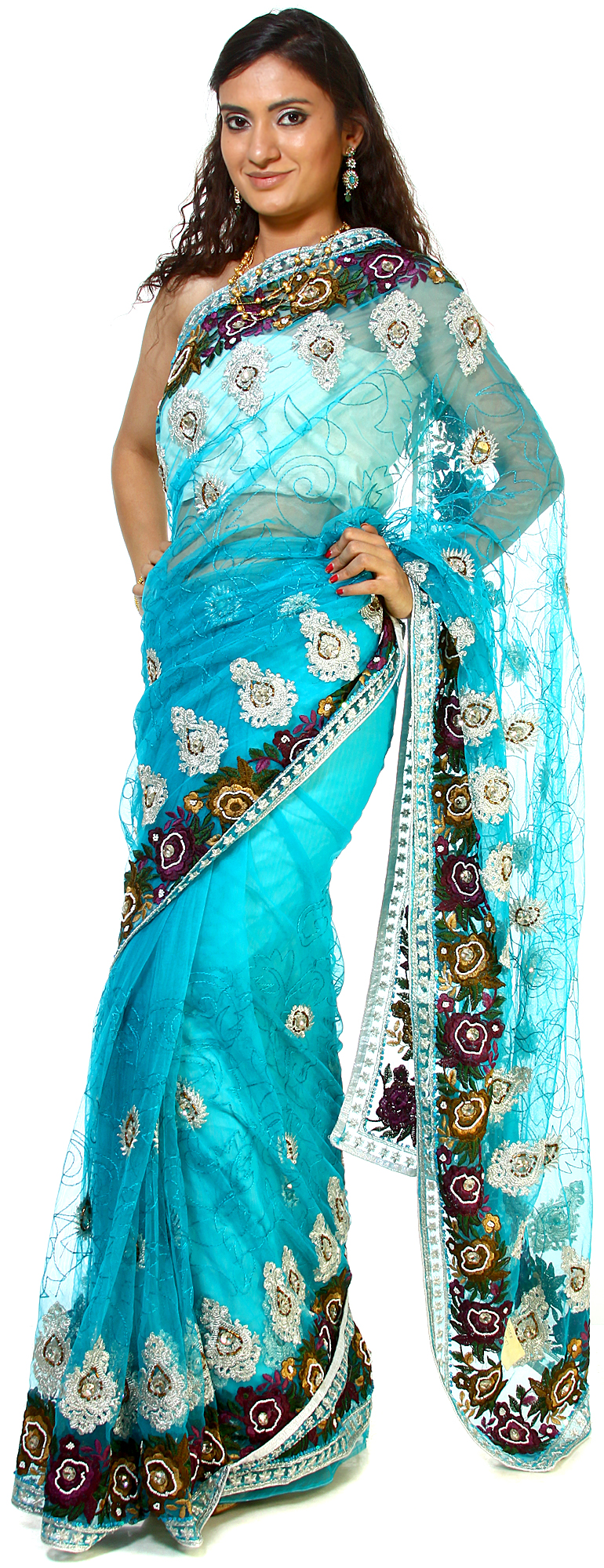 Blue-Atoll Designer Sari with Silver Thread work, Beads and Embroidered ...
