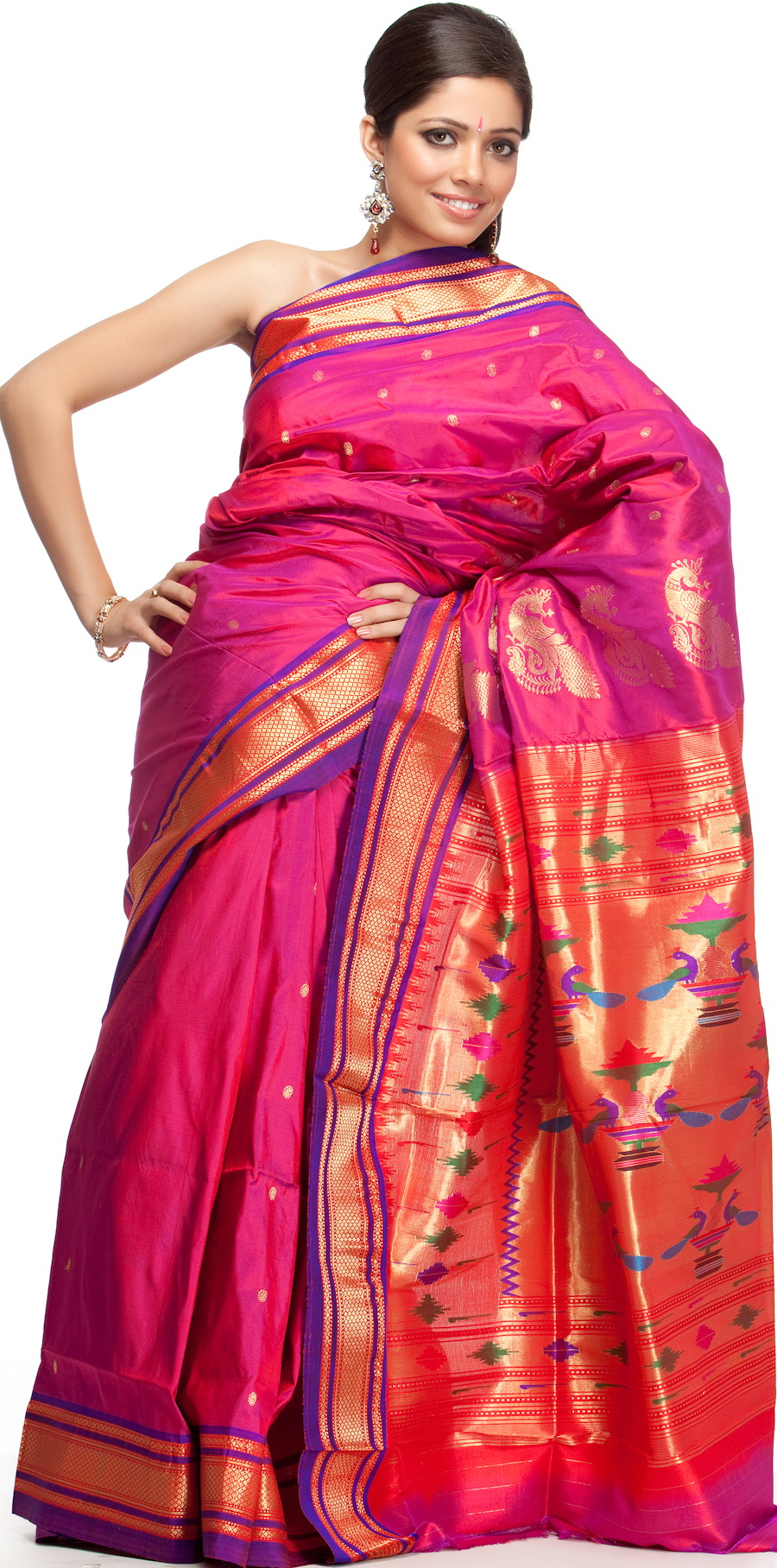 Bright-Rose Paithani Sari with Woven Peacocks on Anchal in Zari Thread ...