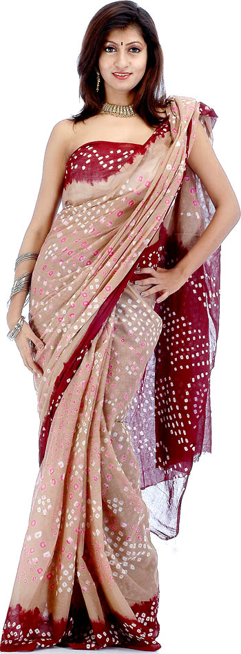 Brown Shaded Tie and Dye Gujarati Bandhani Sari | Exotic India Art