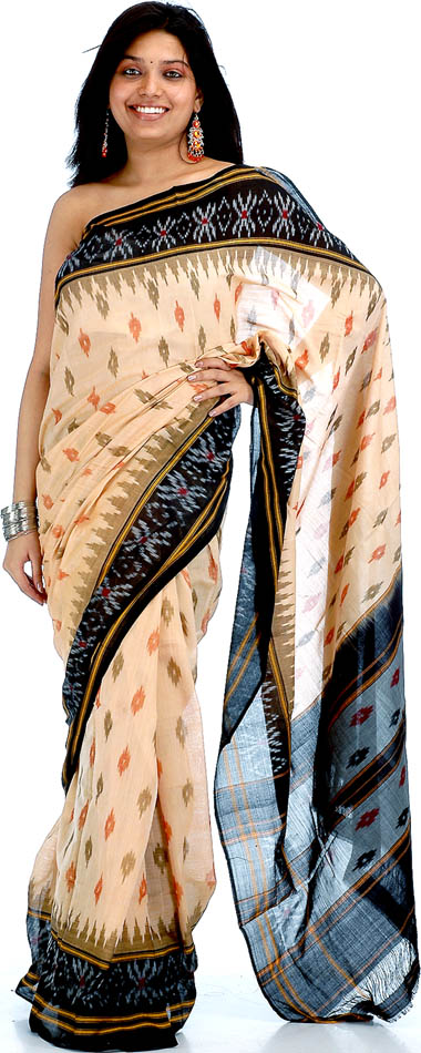 Buff and Black Ikat Sari from Pochampally | Exotic India Art