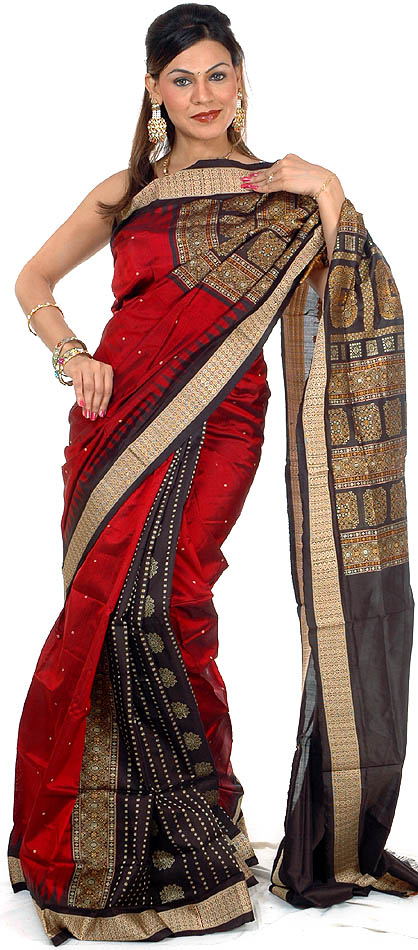 Burgundy and Black Bomkai Temple Sari Hand-Woven in Orissa with ...