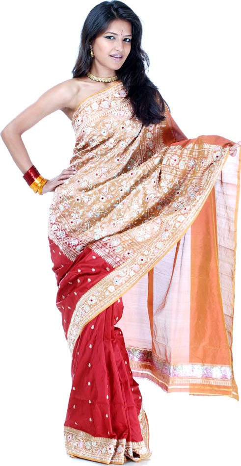 Burgundy Valkalam Sari from Banaras with All-Over Bootis and Beadwork ...