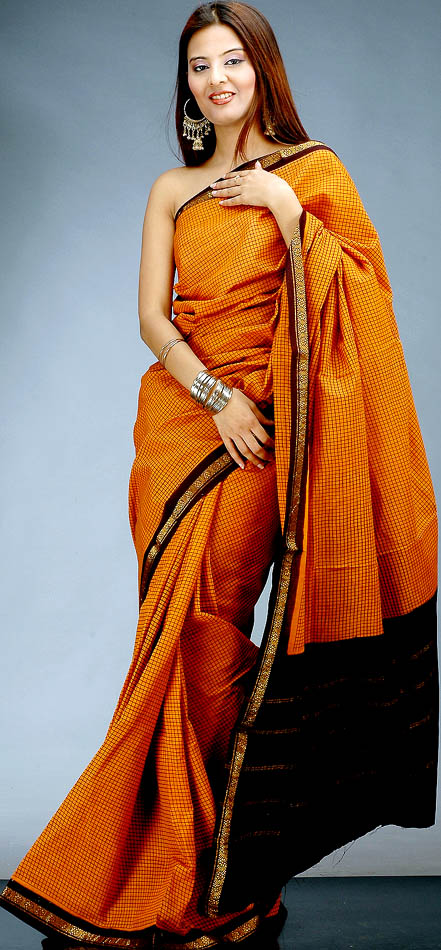 Burnt Orange and Black Sungri Printed Sari | Exotic India Art