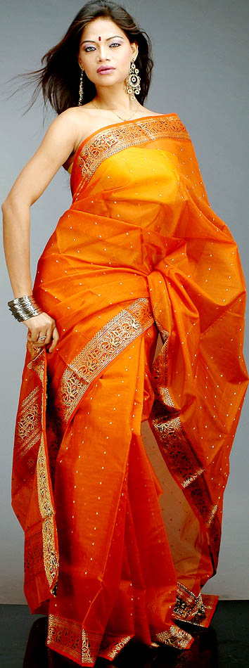 Burnt Orange Handwoven Chanderi Sari with Brocaded Border | Exotic ...