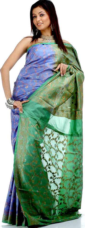 Cerulean Blue and Islamic Green Banarasi Sari with All-Over Floral ...