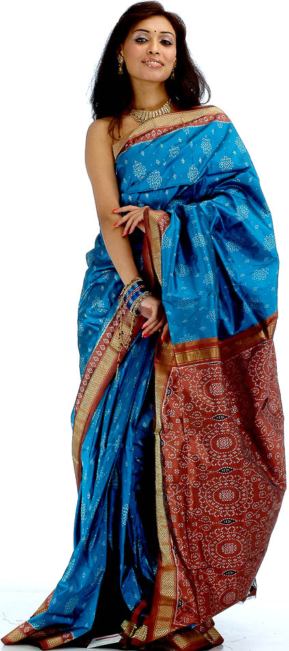 Cerulean Blue and Maroon Ikat Sari from Pochampally with Golden Weave ...