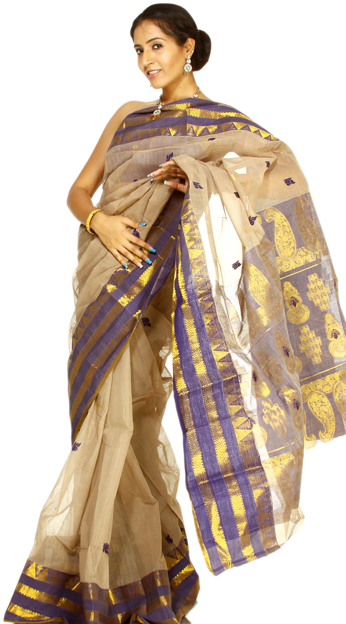 Chateau Gray Handwoven Tangail Sari with All-Over Woven Bootis and ...