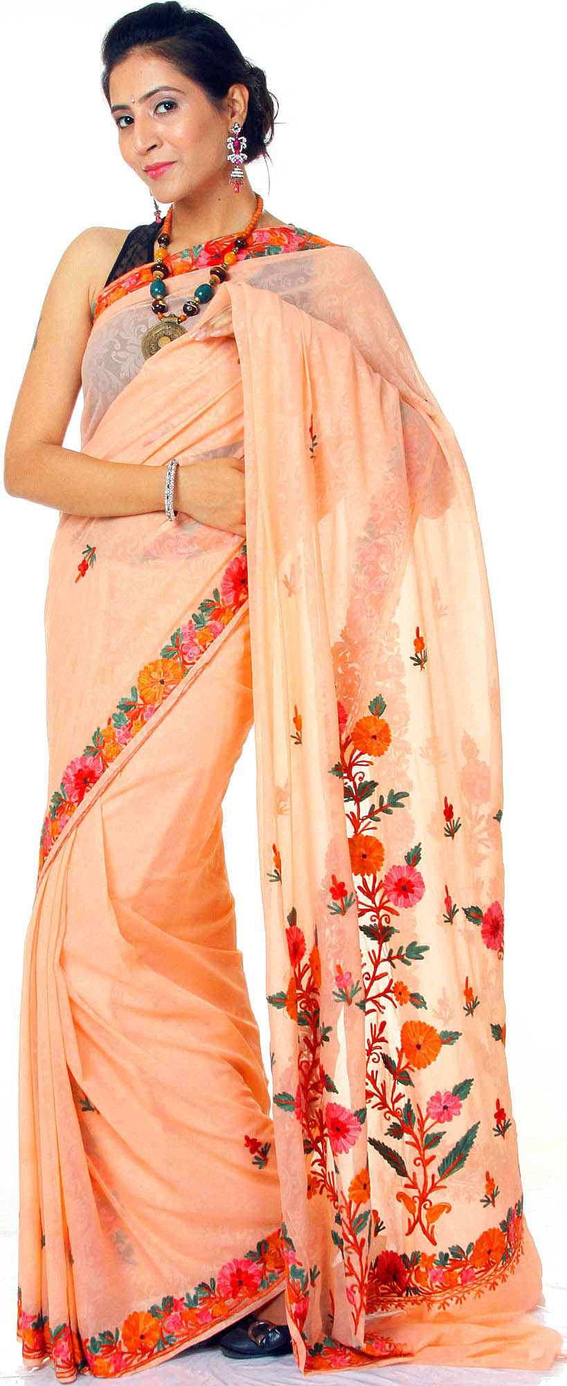 Coral-Reef Floral Sari from Kashmir with Aari Embroidery and Self Weave ...