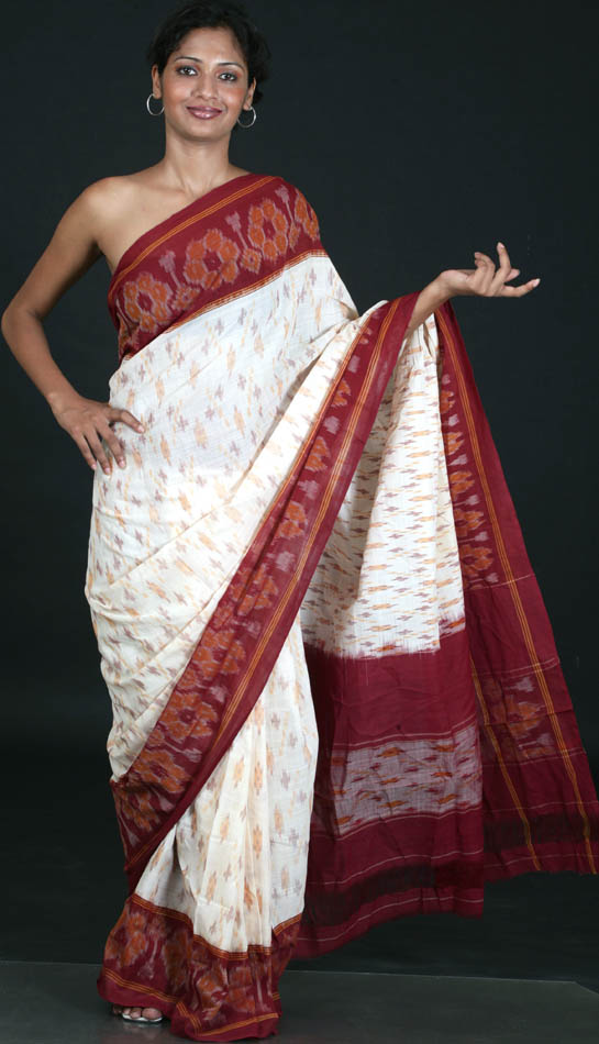 Cream and Chocolate Ikat Sari from Pochampally | Exotic India Art