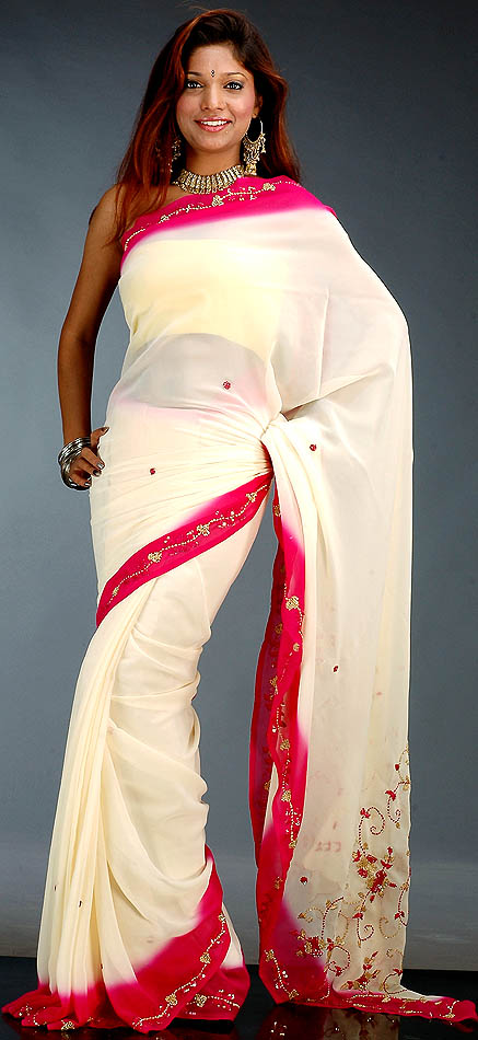 Cream and Violet Sari with Sequins and Threadwork | Exotic India Art