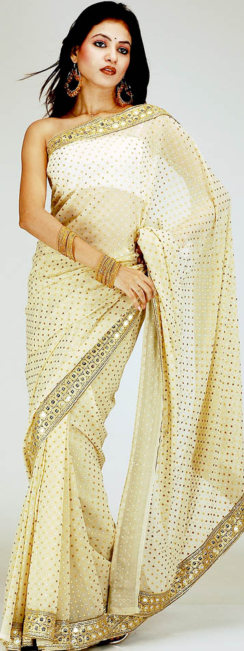 Cream Bridal Sari with All-Over Painted Bootis in Gold and Silver ...