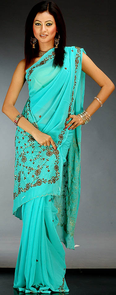 Cyan Sari with Sequins and Beads | Exotic India Art