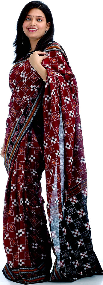 Dark Maroon and Black Ikat Sari Handwoven in Sambalpuri | Exotic India Art