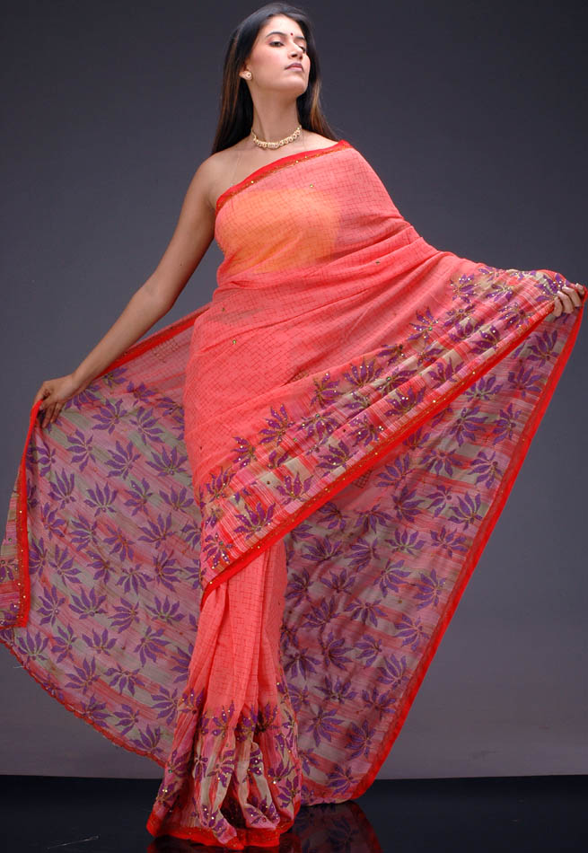 Deep Coral Sari with Floral Print and Sequins | Exotic India Art