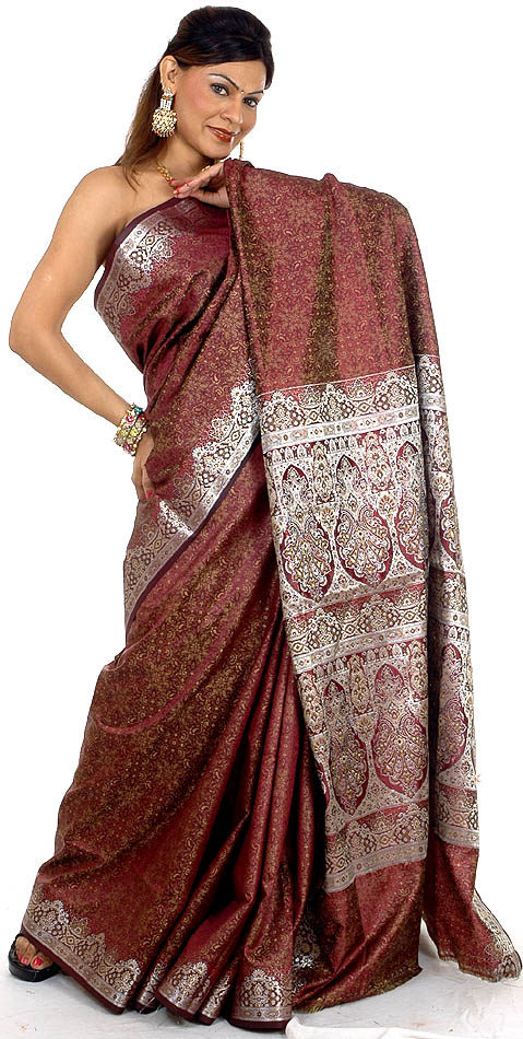 Eggplant Banarasi Jamawar Sari with Silver Tanchoi Weave | Exotic India Art