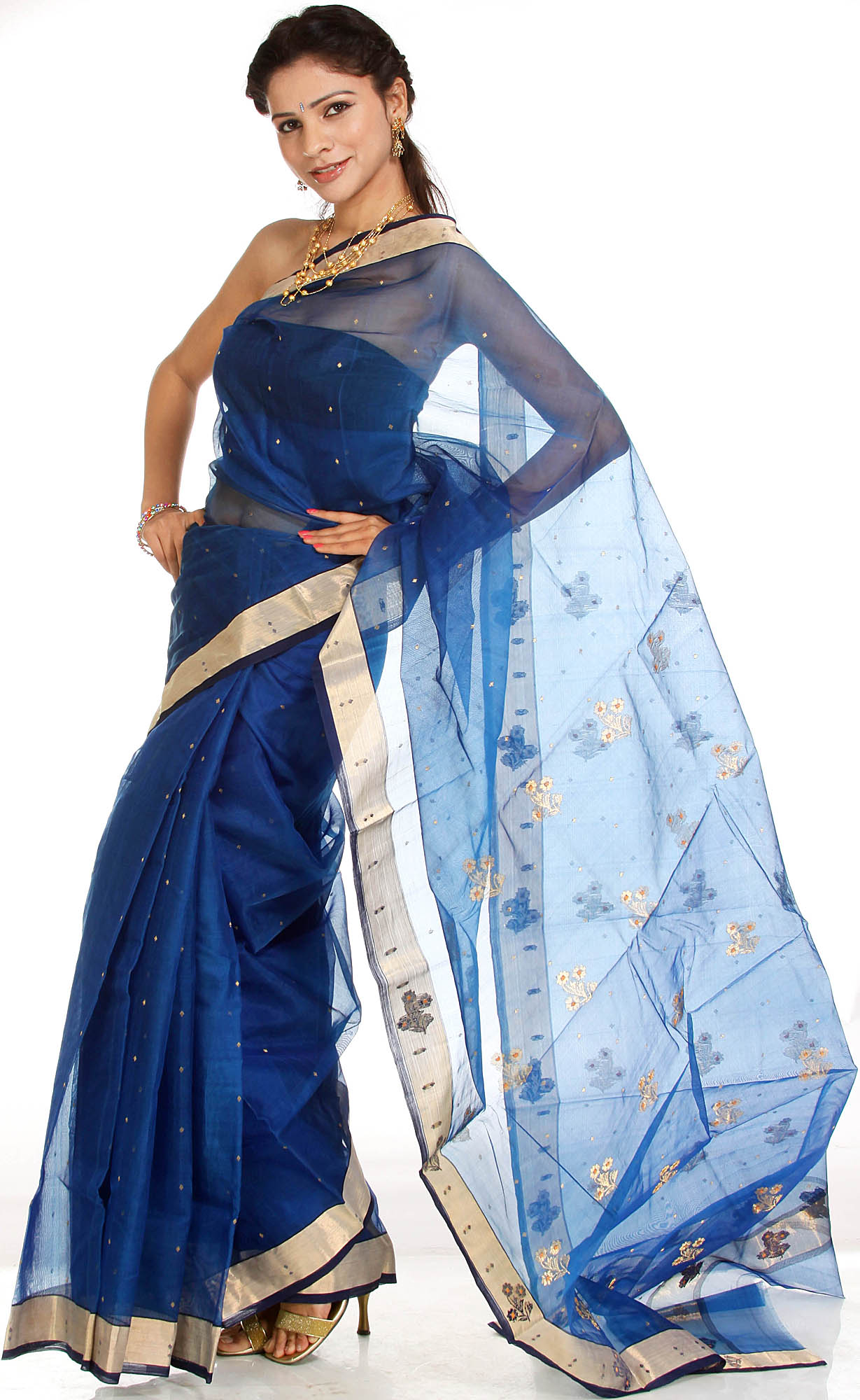 Estate-Blue Chanderi Sari with Wide Golden Border and Bootis | Exotic ...