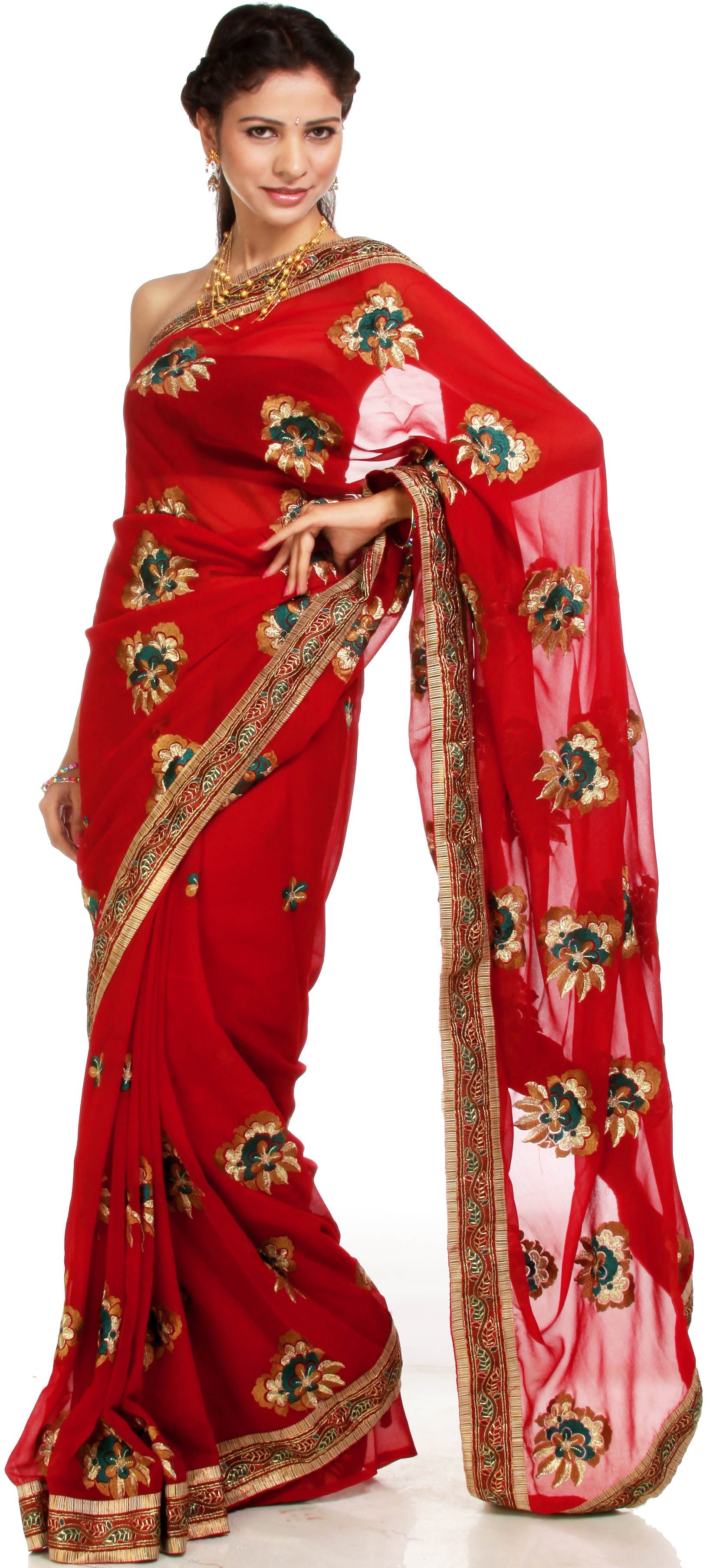Garnet-Red Sari with Large Aari Embroidered Flowers | Exotic India Art