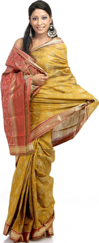 Golden and Maroon Tissue Sari with Ikat Sari Handwoven in Pochampally ...