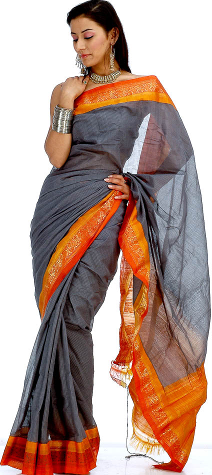 Gray Handwoven Gadwal Sari with Real Zari | Exotic India Art