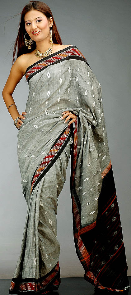 Gray Ikat Sari Hand-Woven in Pochampally | Exotic India Art