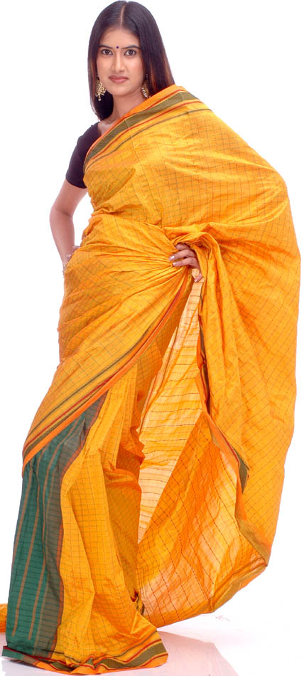 Green and Golden Puja Sari from Kanjivaram | Exotic India Art