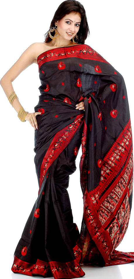 Hand-Woven Black and Red Baluchari Sari Depicting Draupadi's Cheer ...
