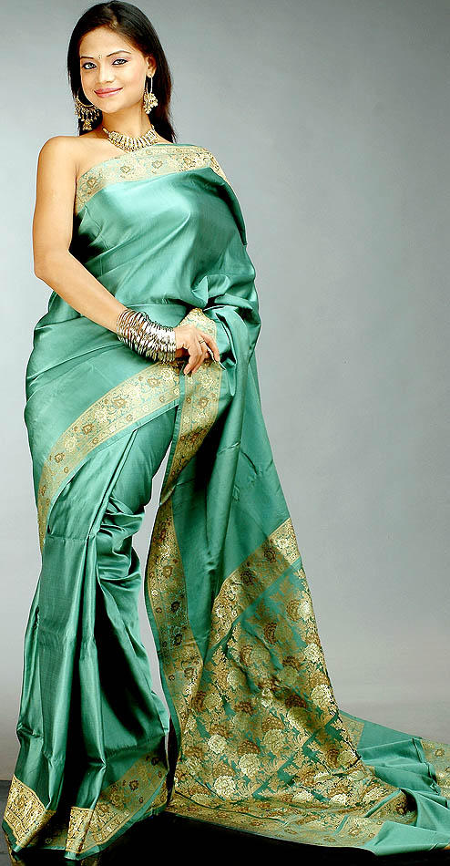 Handwoven Sea-Green Banarasi Valkalam Sari | Exotic India Art