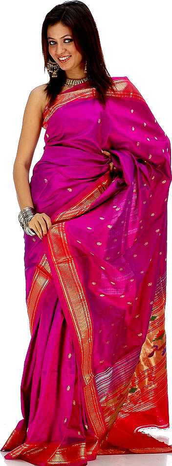 Handwoven Violet Paithani Sari with Real Zardozi | Exotic India Art